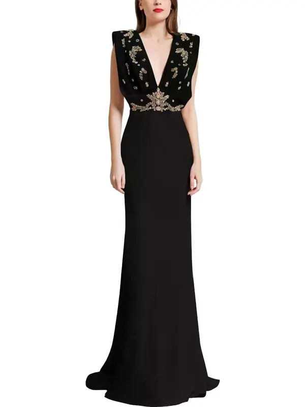 GEMY MAALOUF Embellished V-neck Maxi Dress - Black