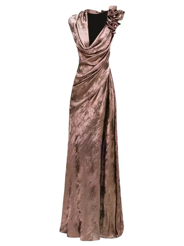 GEMY MAALOUF Shimmer Sandwash Floral Maxi Dress - Brown