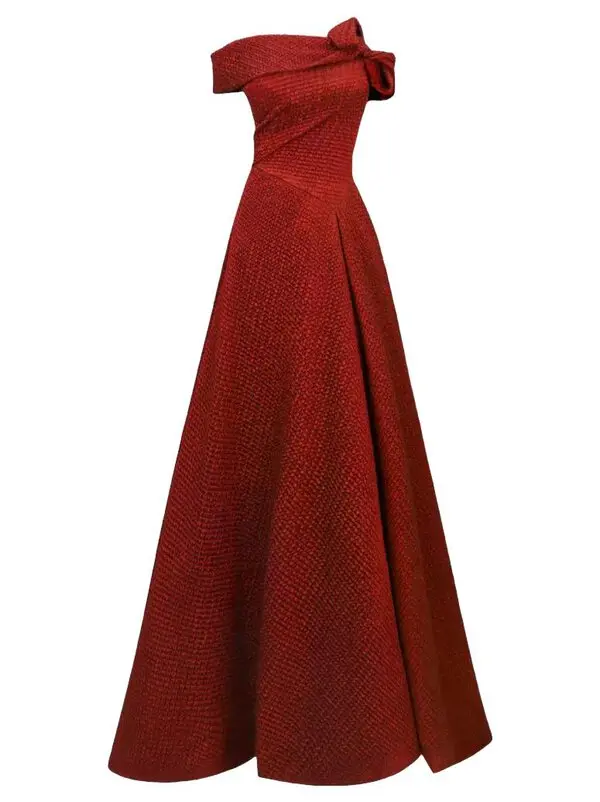 GEMY MAALOUF Jacquard Maxi Dress With Bow Detail - Red