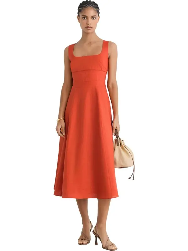 REISS Dorethea Linen Midi Dress - Coral Orange