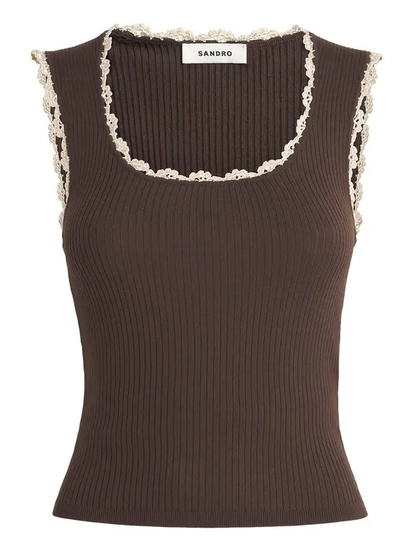 Sandro Crochet-trimmed Rib-knit Tank Top - Brown