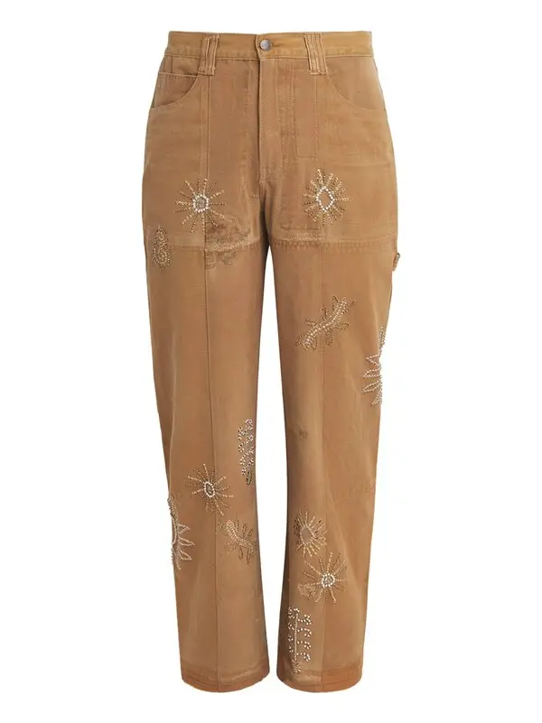 KARTIK RESEARCH Embroidered Upcycled Cotton Canvas Trousers - Brown