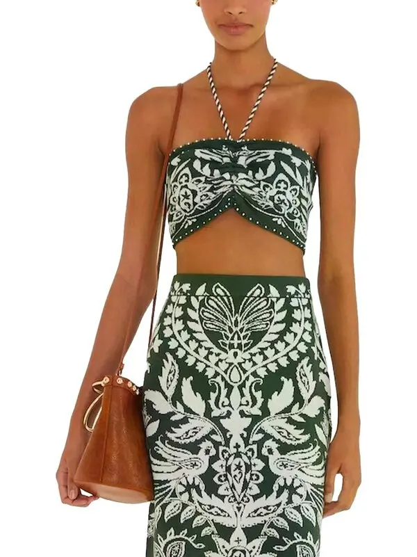 Farm Rio Miranda Halterneck Cropped Top With Beaded Embellishment - Green