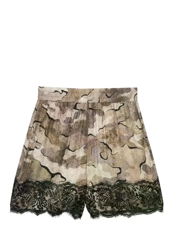 Pinko Lace-trim Camouflage Print Satin Jacquard Shorts - Neutrals