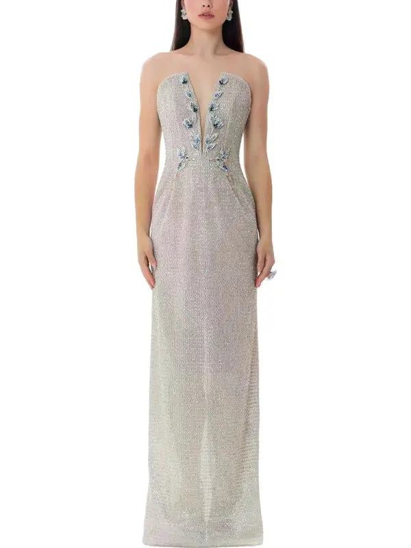 DINA MELWANI Crystal Hand-embroidered Maxi Gown - Silver