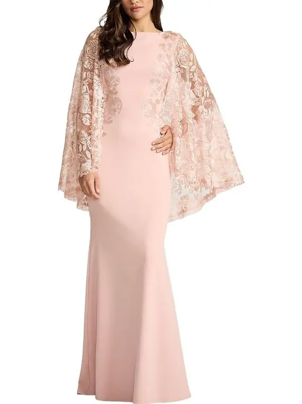 Tadashi Shoji Margolin Embroidered Cape Gown - Pale Pink
