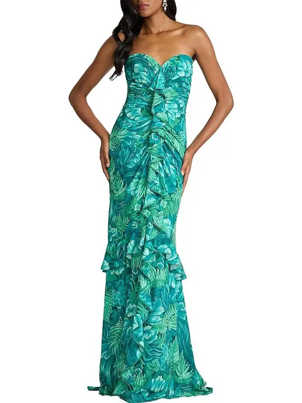 Tadashi Shoji Cleta Foliage Print Cascading Ruffle Gown - Emerald Green/multi