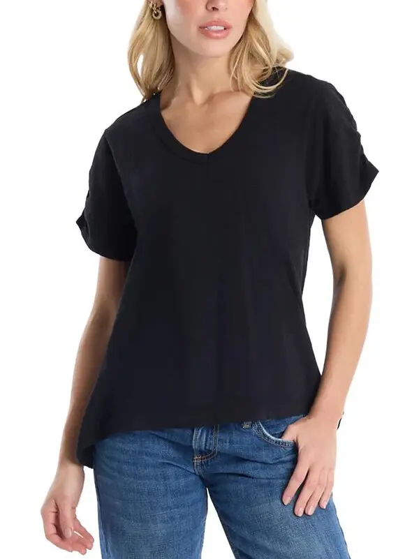 WILT CLOTHING Deep V-neck Ruched Sleeve T-shirt - Black