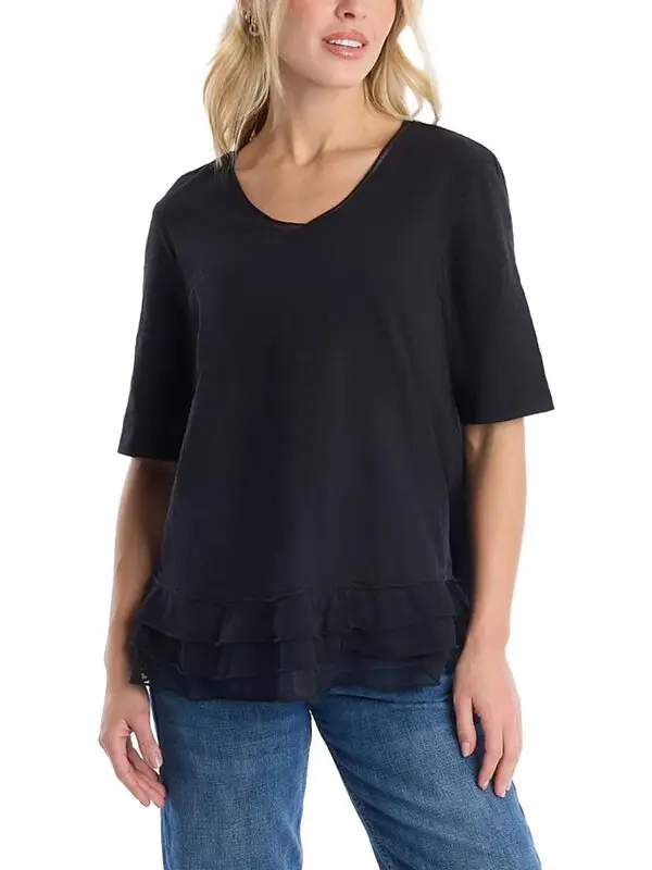 Wilt Elbow Sleeve Mixed Media Ruffle Hem Tee - Black