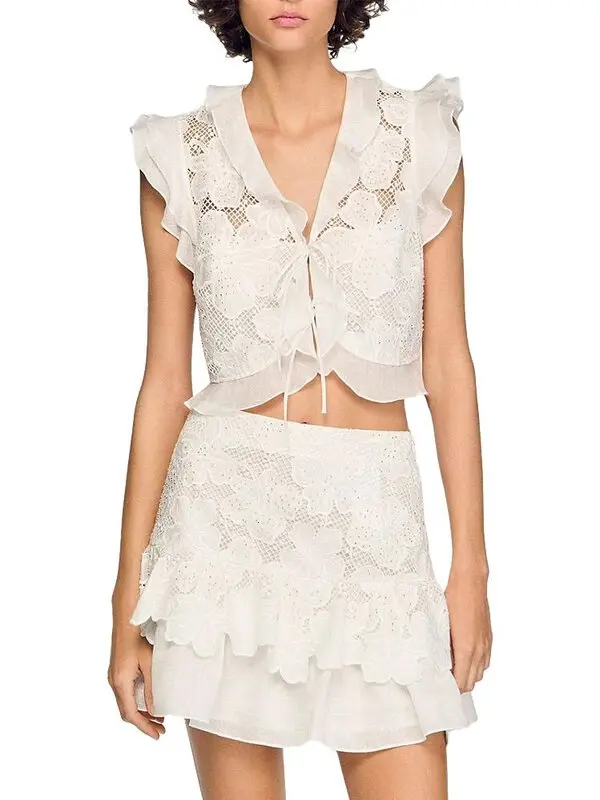 Sandro Guipure Lace Crop Top - White