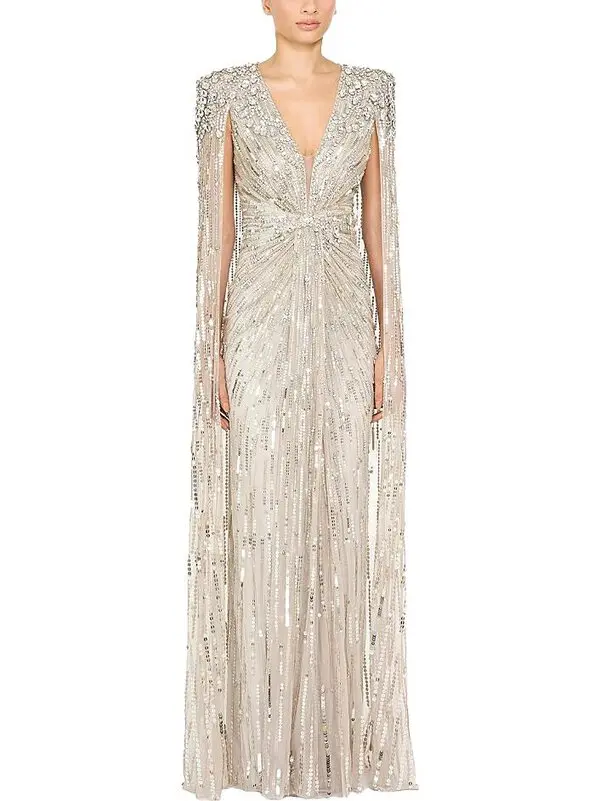 Jenny Packham Lotus Lady Sequin-embellished Cape Gown - Platinum