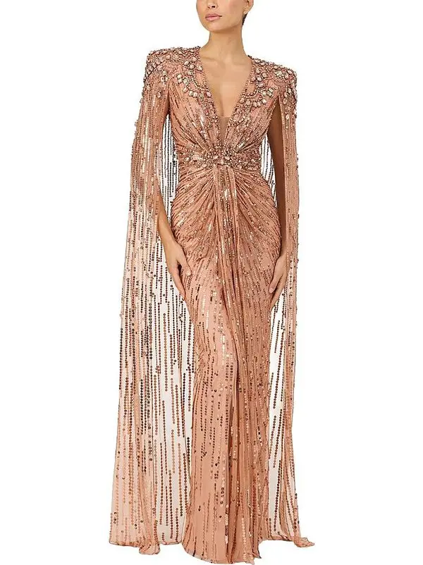 Jenny Packham Lotus Lady Sequin-embellished Cape Gown - Sable