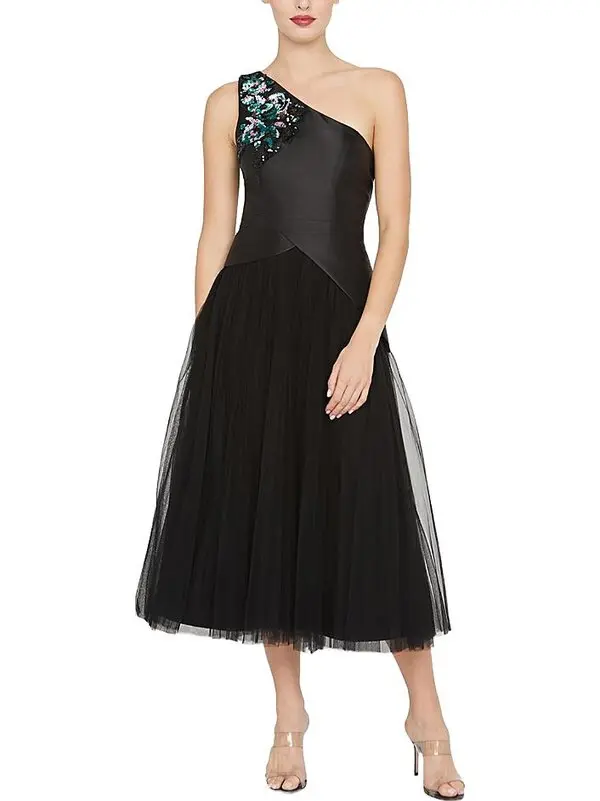 KAY UNGER Embellished One-shoulder Tea Length Dress - Black