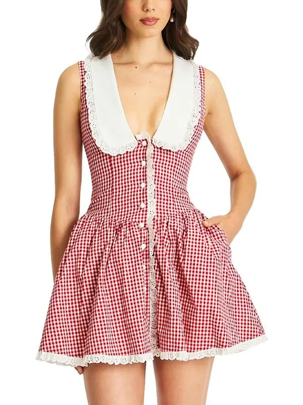 MISS CIRCLE Nala Gingham Eyelet Lace Trim Mini Dress - Red