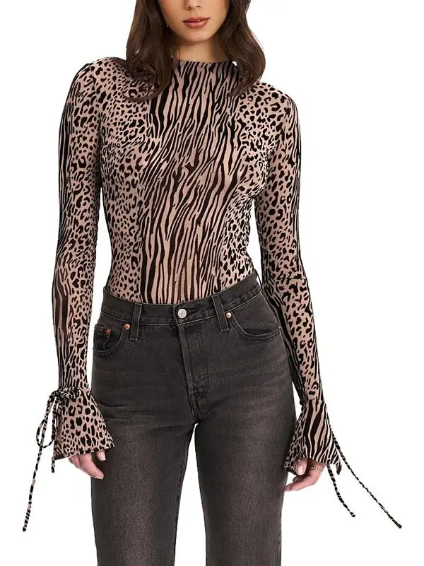 MISS CIRCLE NEW YORK Ibera Animal Print Burnout Velvet Bodysuit - Brown