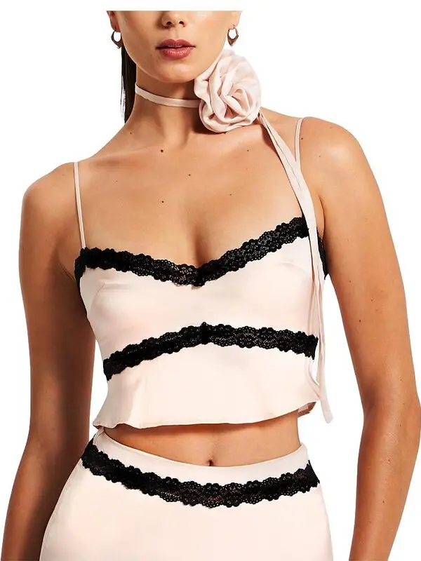 MISS CIRCLE NEW YORK Lace Trim Strappy Top - Beige