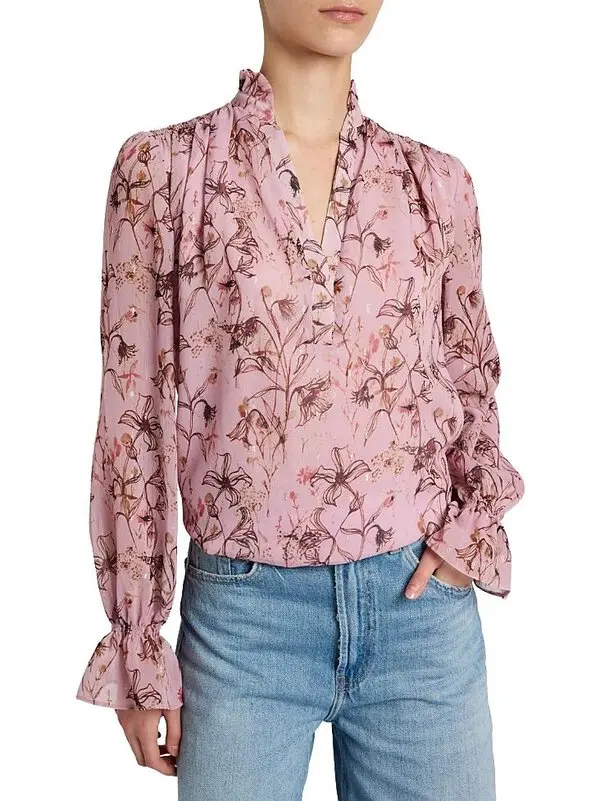 Santorelli Chelsea Long Sleeve Ruffle Neck Blouse - Sweet Pink