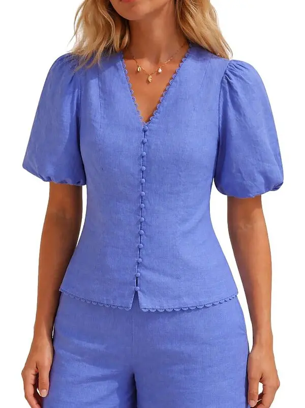 Mint Velvet Linen Puff Sleeve Top - Blue