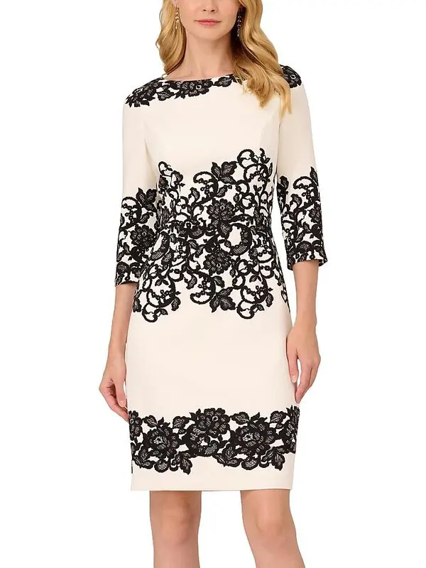 Adrianna Papell Scroll Lace Short Dress - Ivory Black
