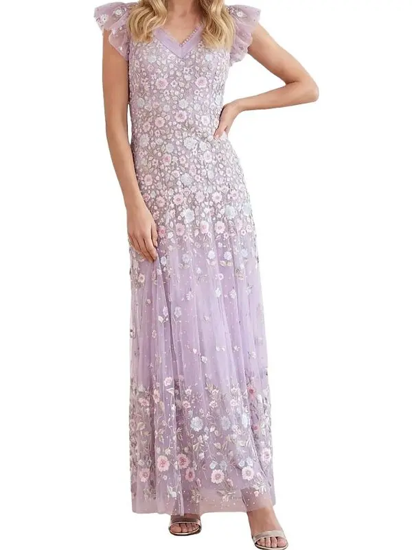 NEEDLE & THREAD Ethereal Blooms Short Sleeve Ankle Gown - Lavender/multi