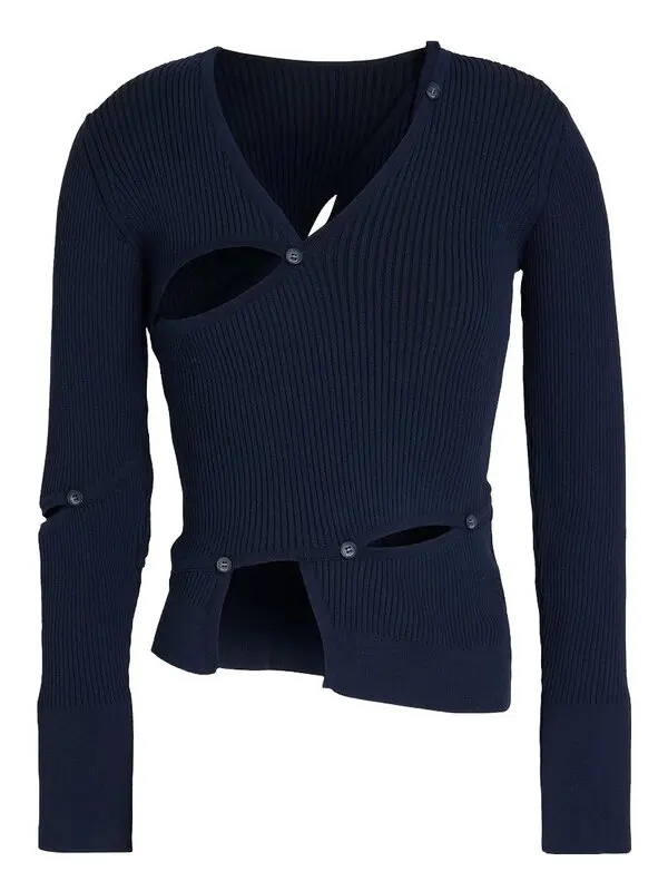 Jacquemus Tordu Button-embellished Cutout Ribbed-knit Top - Navy