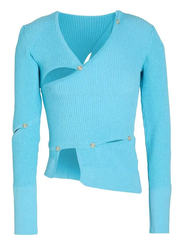 Jacquemus Tordu Button-embellished Cutout Ribbed-knit Top - Turquoise