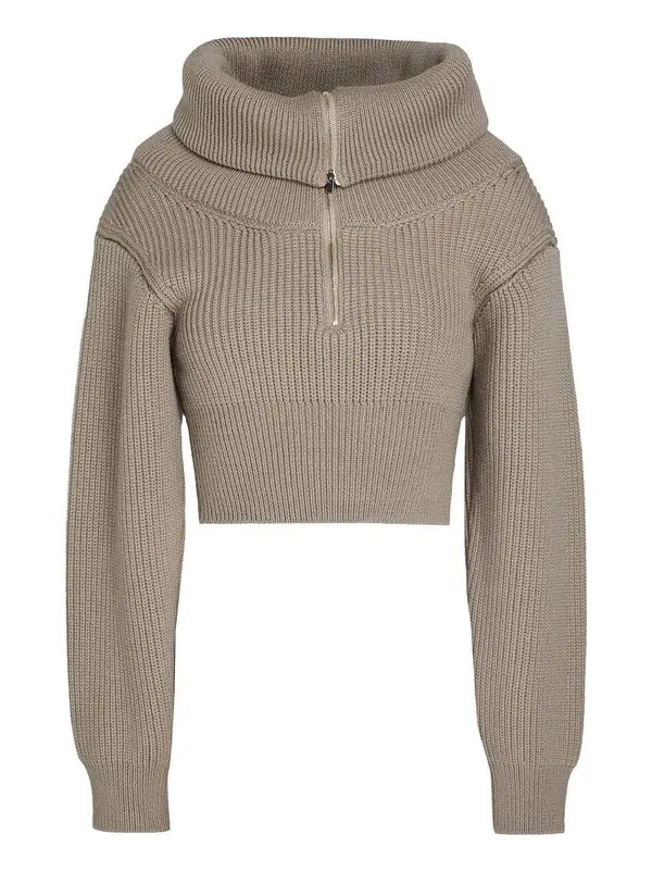 Jacquemus Risoul Cropped Ribbed Wool Half-zip Sweater - Mushroom