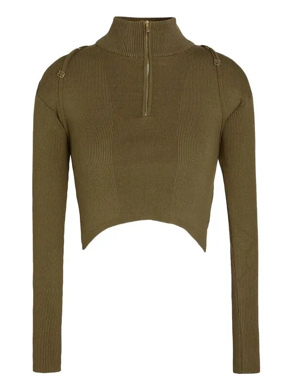 Jacquemus Cropped Ribbed Knit Half-zip Turtleneck Sweater - Army Green