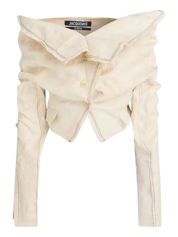 Jacquemus Camargue Off-the-shoulder Linen And Silk-blend Jacket - Beige