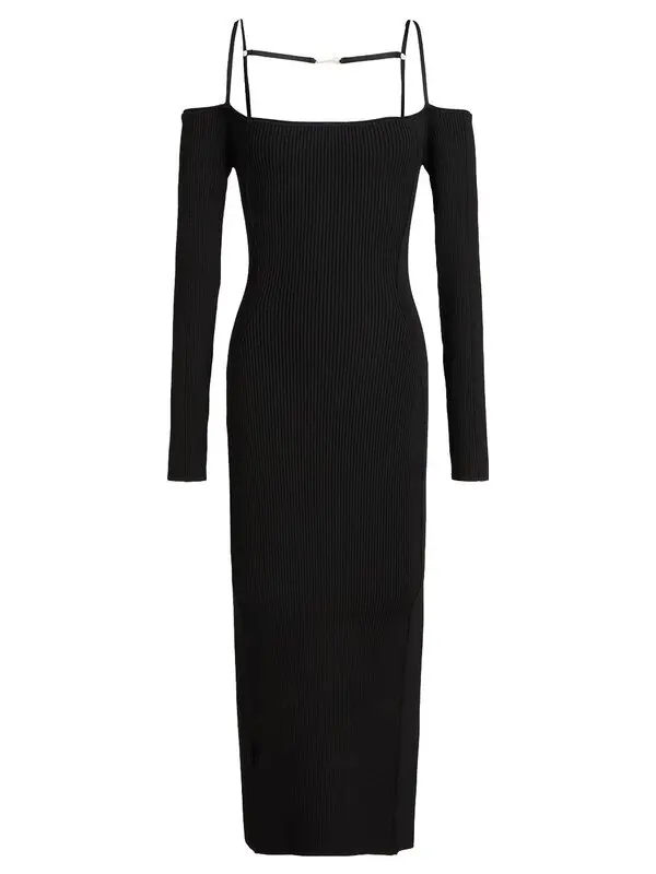 Jacquemus Sierra Cold-shoulder Ribbed-knit Midi Dress - Black