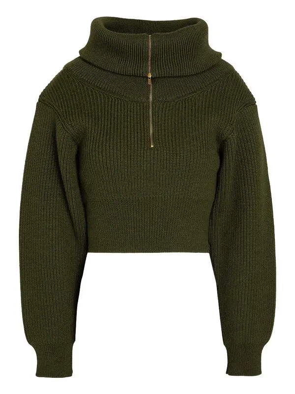 Jacquemus Risoul Cropped Ribbed Merino Wool Half-zip Sweater - Army Green