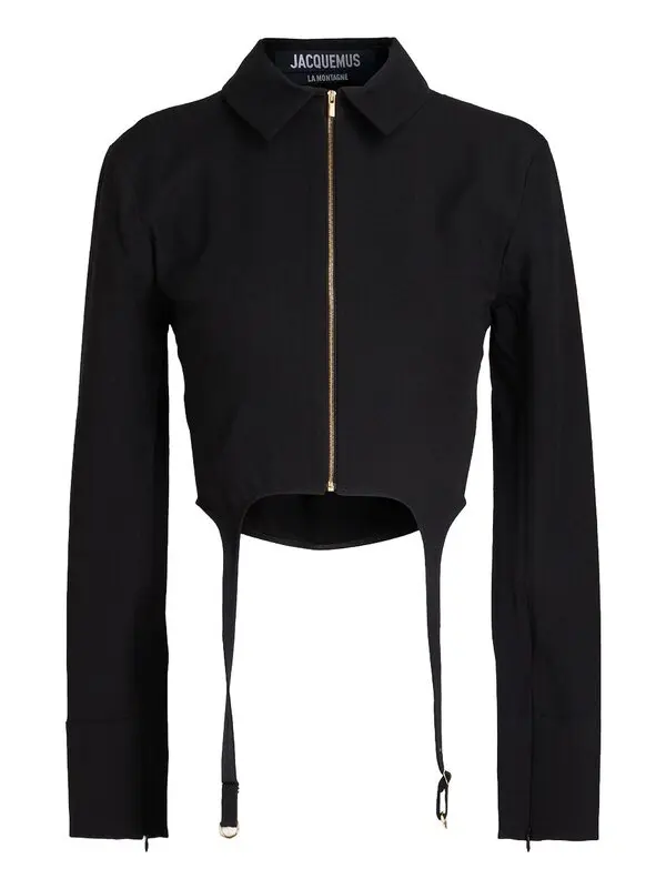 Jacquemus Draio Cropped Cutout Slub Woven Shirt - Black