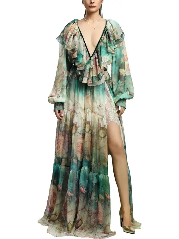 MIAU BY CLARA ROTESCU Floral Print Ruffled Dress - Blue