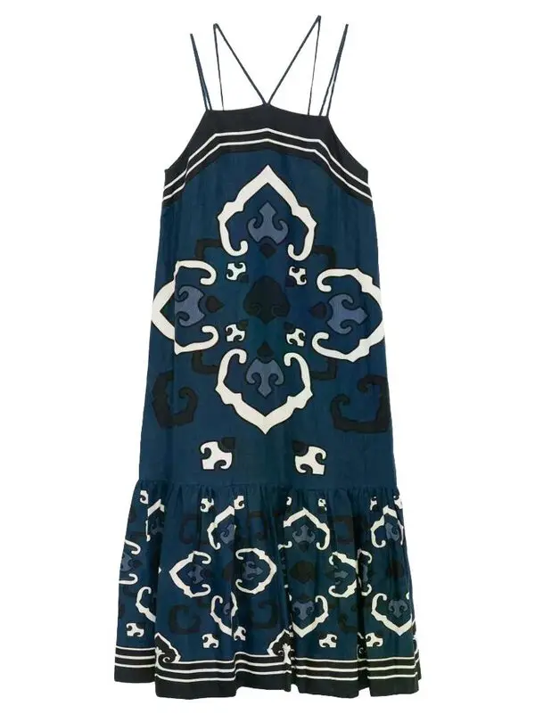Sea Printed Strap Midi Dress - Blue