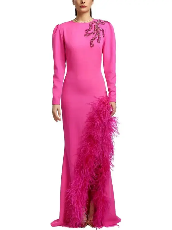 MIAU BY CLARA ROTESCU Crystal-embellished Feather-trim Gown - Pink