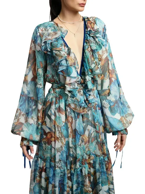 MIAU BY CLARA ROTESCU Floral-print Ruffled Dress - Blue
