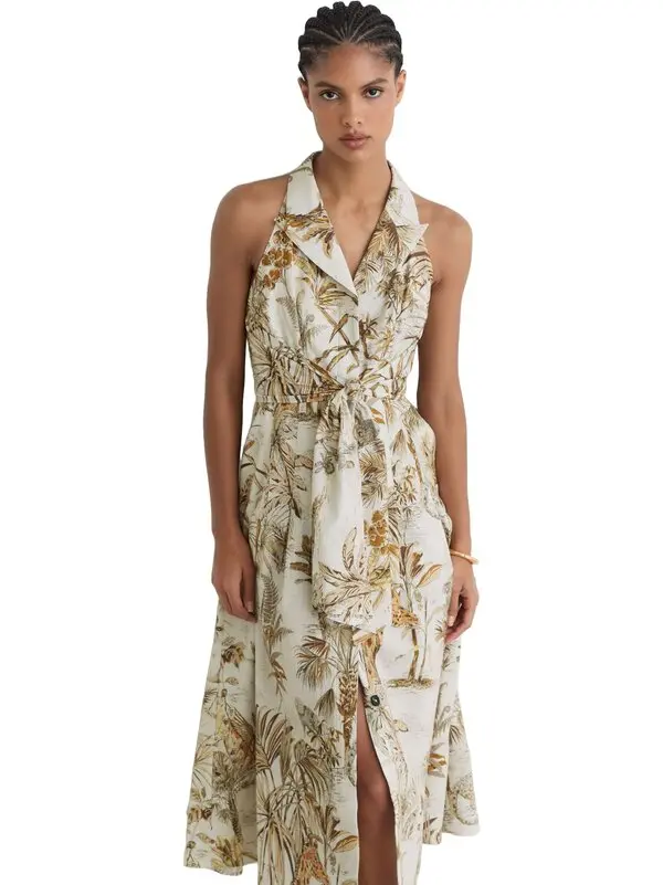 REISS Tate Cotton Safari-print Tailored Midi Dress - Neutral