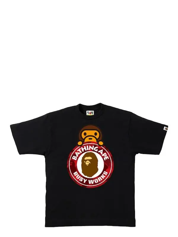 A BATHING APE Camo Milo On Busy Works Tee Shirt - Black/red