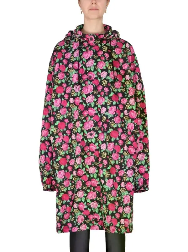 Balenciaga Floral-print Hooded Coat - Black