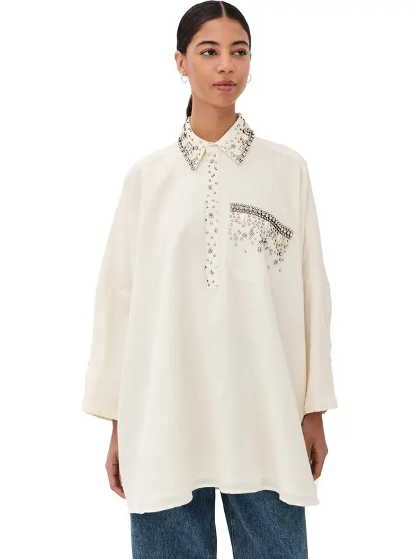 La Vie Style House Cowrie Shell Embellished Boyfriend Shirt - White