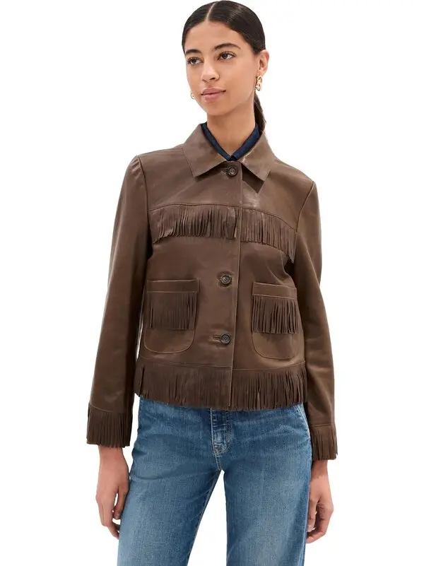 NILI LOTAN Lazare Fringe Leather Jacket - Dark Brown