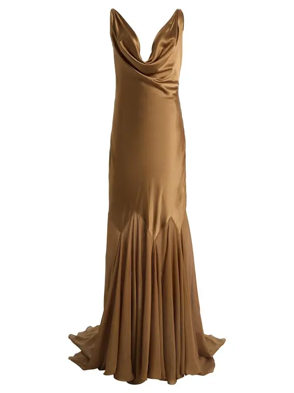 DEME Colleen Cowl-neck Chiffon Gown - Tan