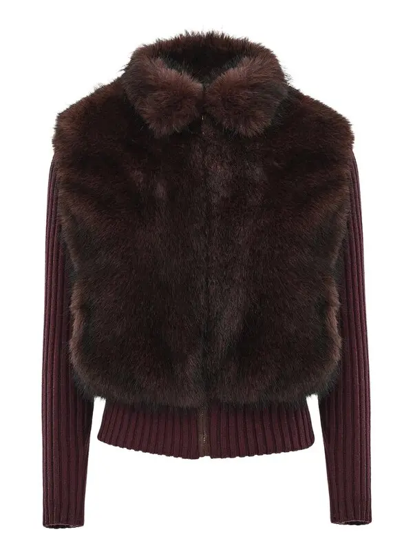 Source Unknown Fur Combo Knit Cardigan - Brown