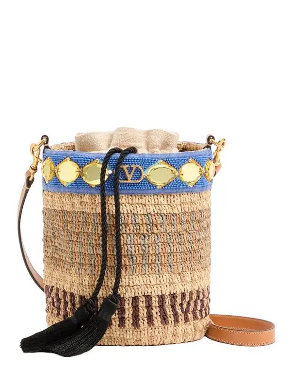 Valentino Garavani Small Raffia Embroidered Bucket Bag - Natural/azure