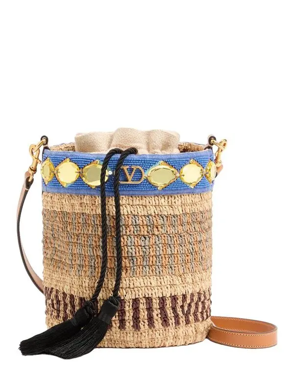 Valentino Garavani Small Raffia Embroidered Bucket Bag - Natural/azure