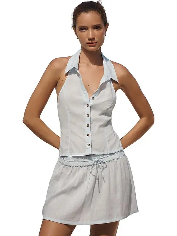 CELANDINE 100% Cotton Buttondown Halter Top - Ice Water