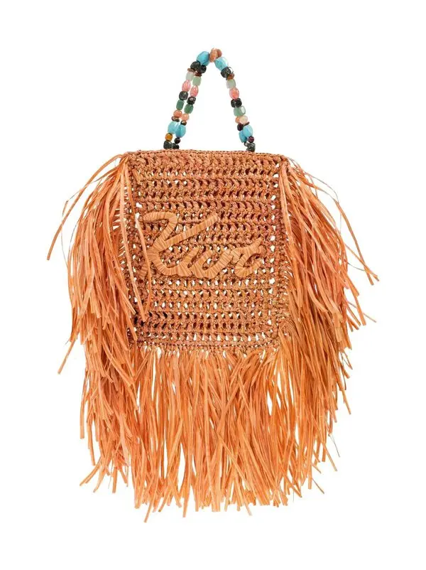 Kurt Geiger Mini Tote Raffia Fringe Bag - Orange
