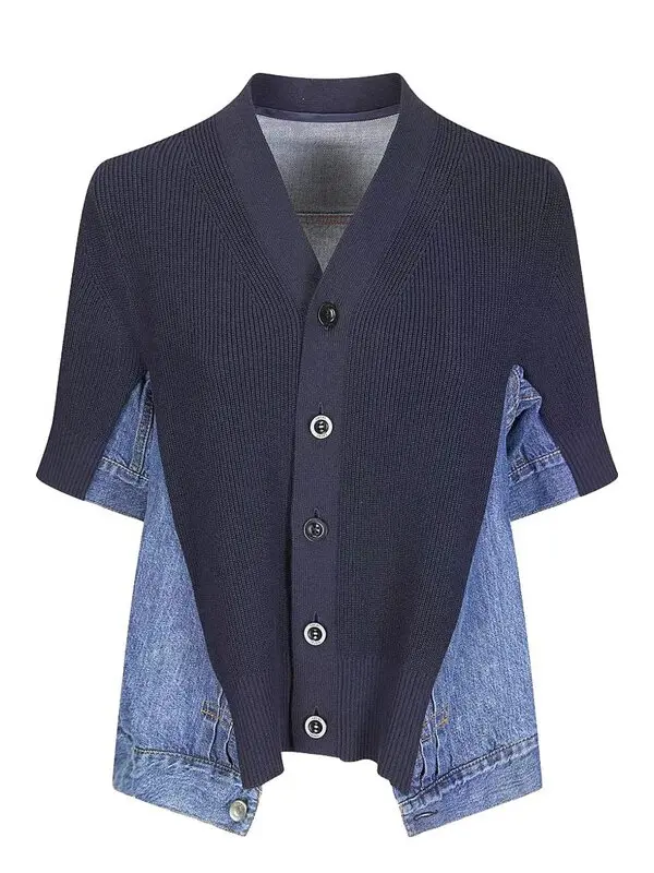 Sacai Panelled Denim-knit Cardigan - Blue