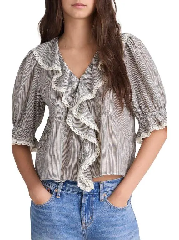 Madewell Ruffled Puff Sleeve Button-up Shirt - Black And Ivory Micro Stripe