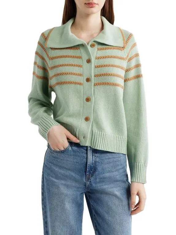 The Great. The Scholar Crochet Stripe Cardigan - Seafoam